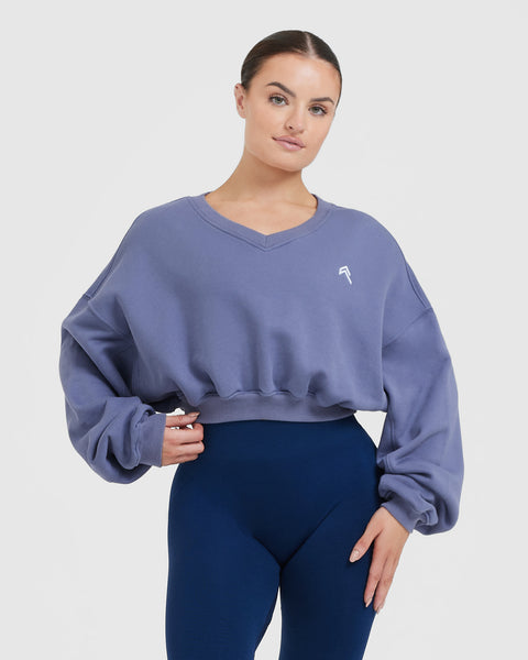 Blue V-Neck Sweatshirt Women's - Slate Blue Oversized | Oner Active CA